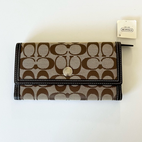 Bags | Coach Wallet Signature Canvas Brown Long Trifold Checkbook ...